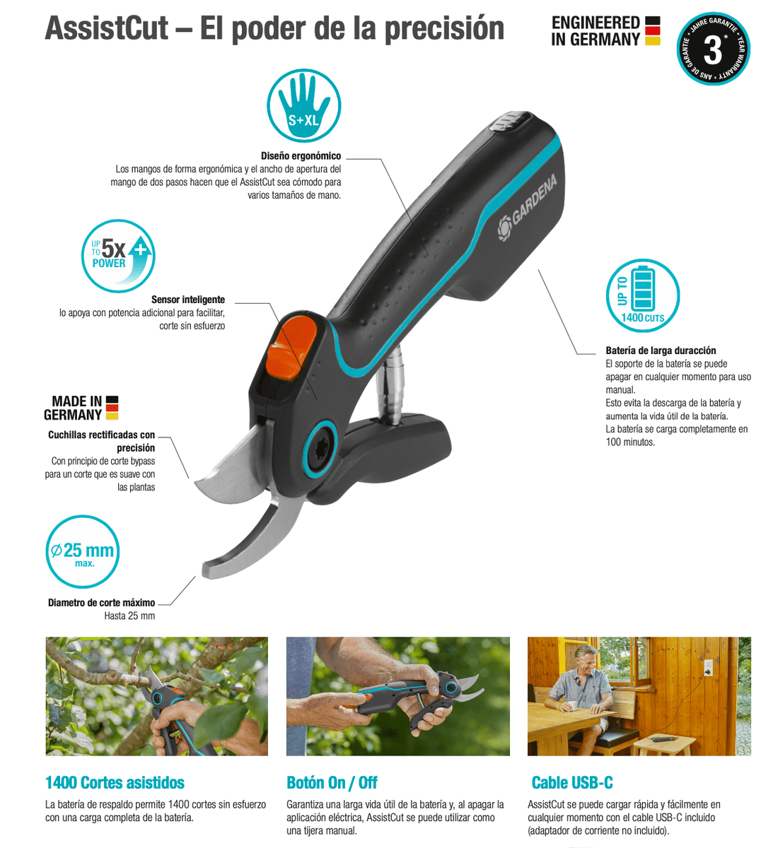 Gardena Tijera de Poda a Batería AssistCut 3.6V Acero Inoxidable ...